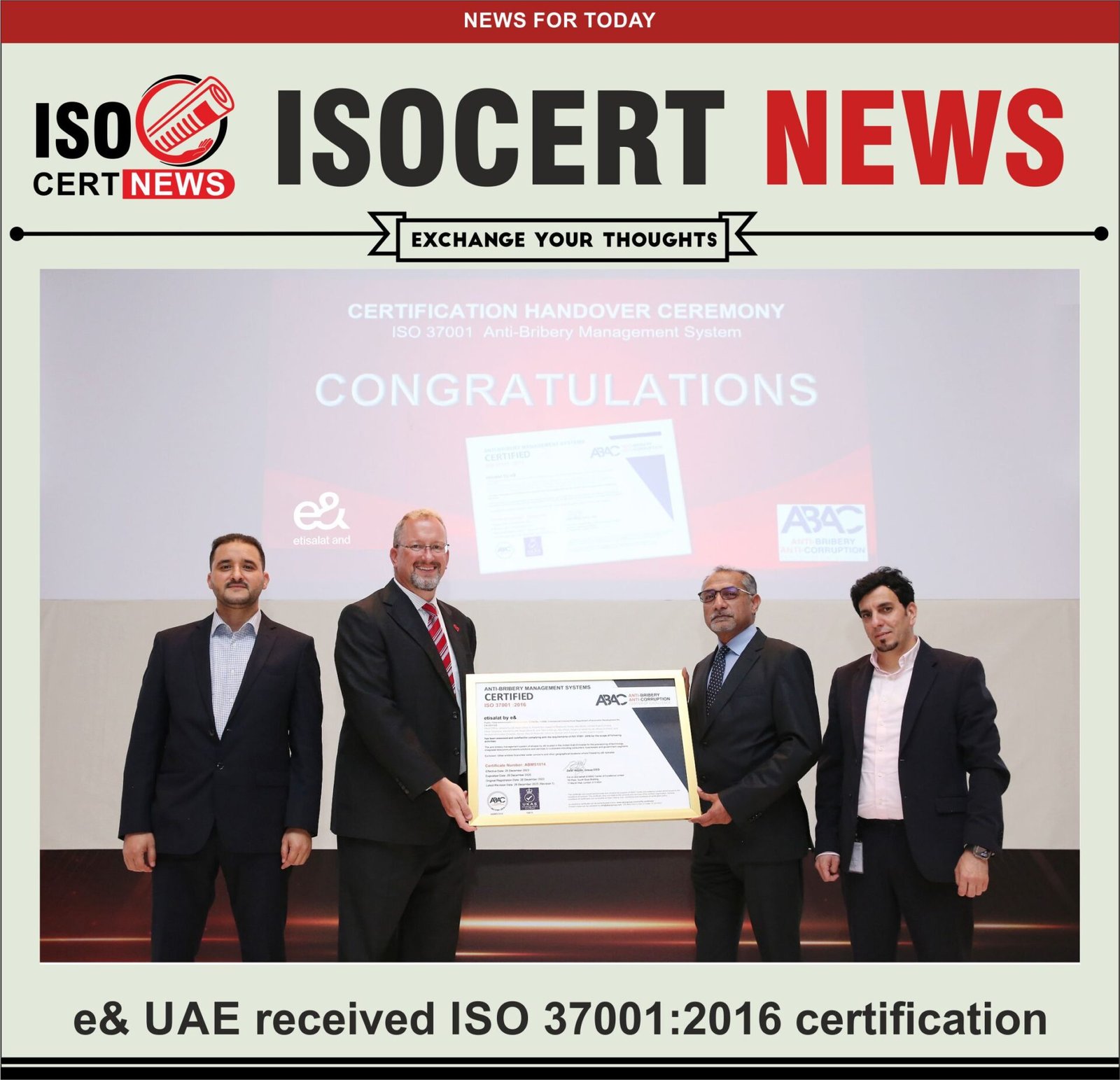 ABAC Center of Excellence Limited awards ISO 37001 Certification to e& UAE
